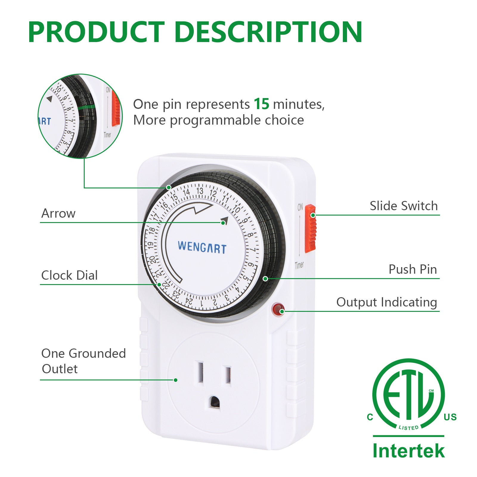 Wengart Plug-in Mechanical Timer U39N,AC125V 15Amp
